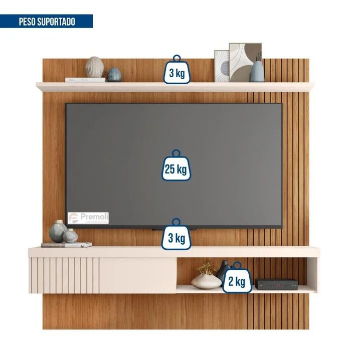 PAINEL JADE 1.8 FREIJO/OFF WHITE TV Até 65 Polegadas 1 Porta Ripado ...